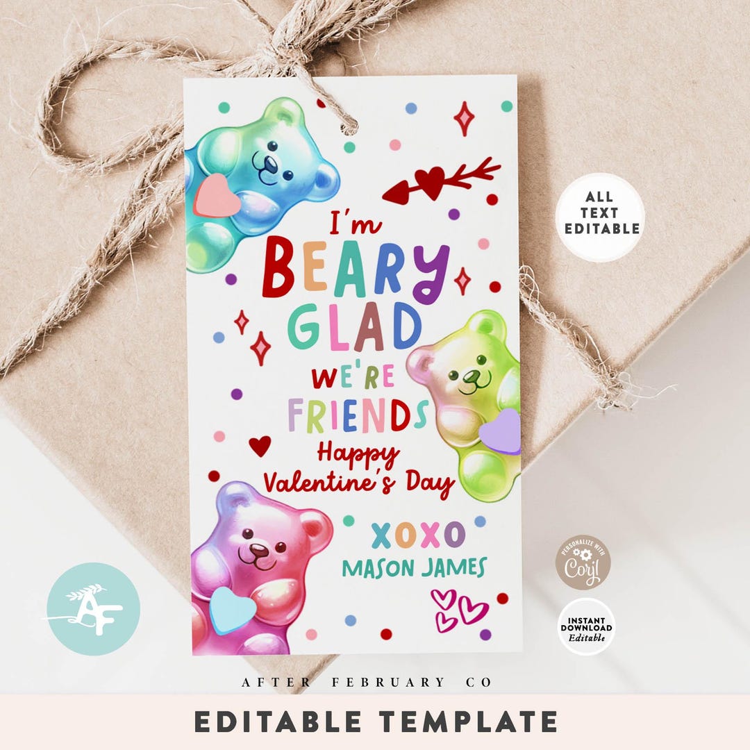 Valentine Gummy Bear Tag: Beary Glad Friends Valentine's Day Gift Tag ...