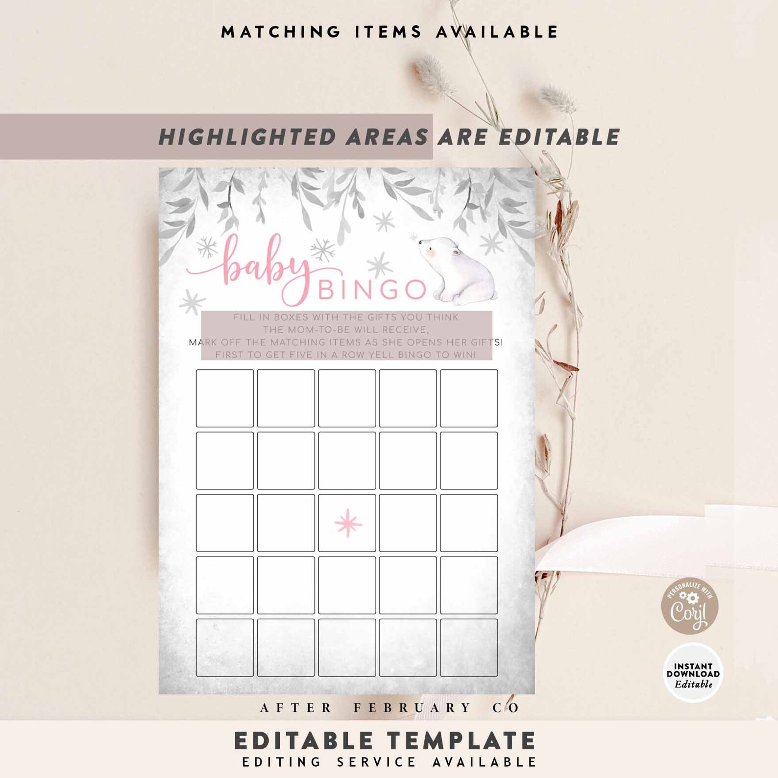 EDITABLE Pink Winter Polar Bear Baby Shower Game Baby Bingo - Etsy