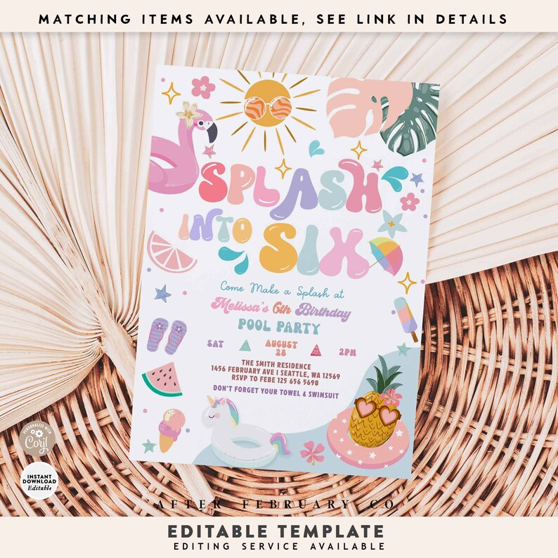Editable Splash Into SIX 6th Birthday Pool Party Invitation Girly ...