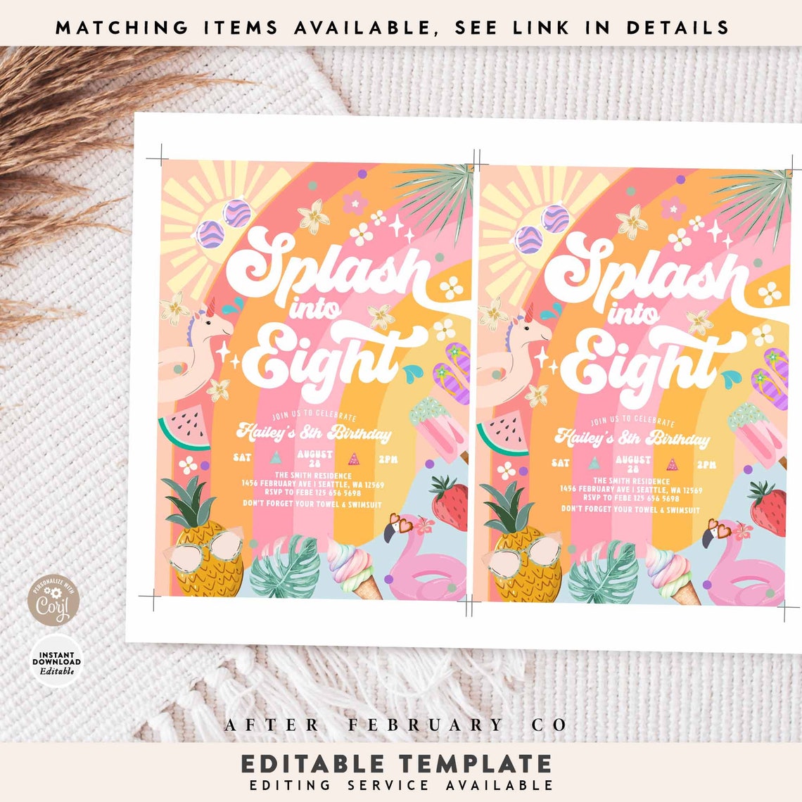 Splash Into Eight 8th Birthday Pool Party Invitation: Swimming Invite ...