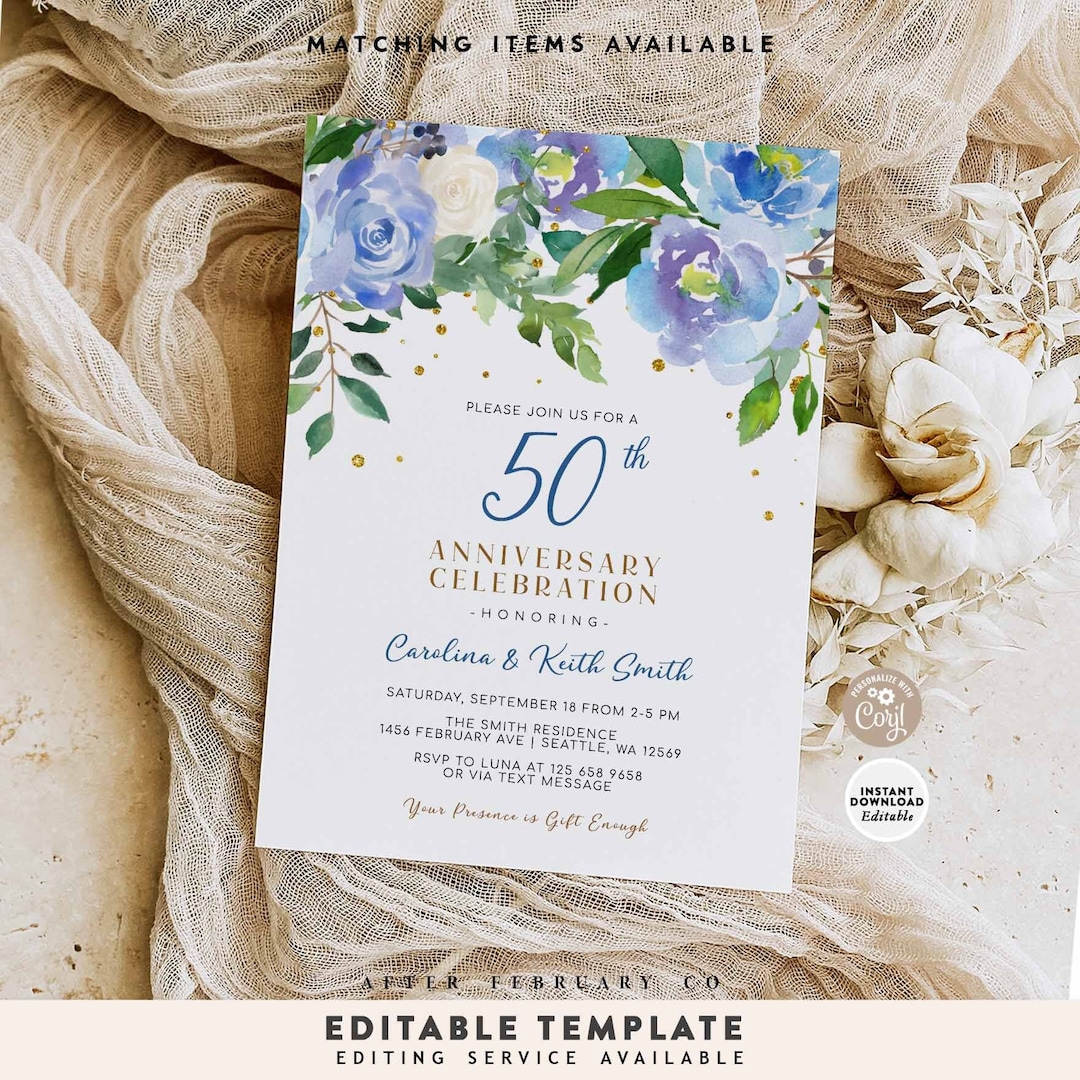 Editable Blue Floral Wedding Anniversary ANY YEAR Blue and Gold ...