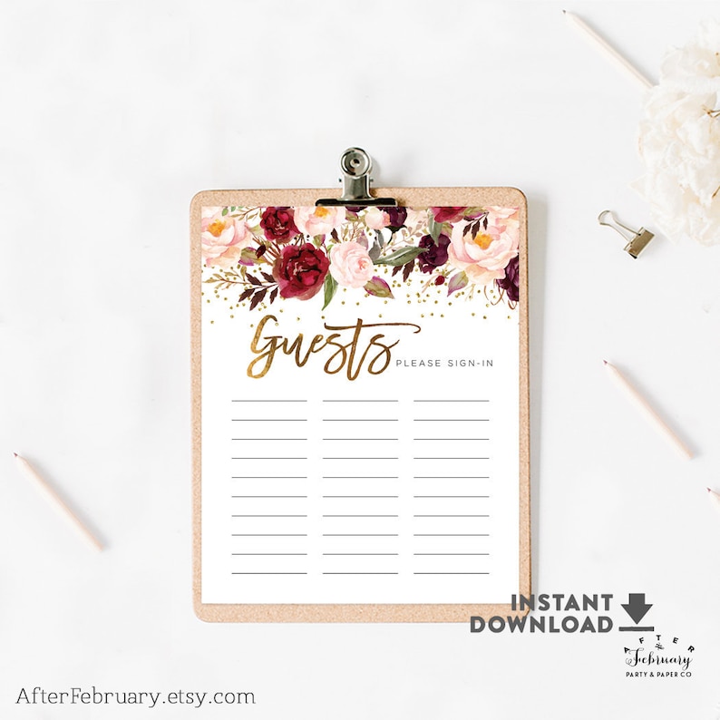 Guest List Sign in Sheet Printable Guest List Burgundy Gold | Etsy