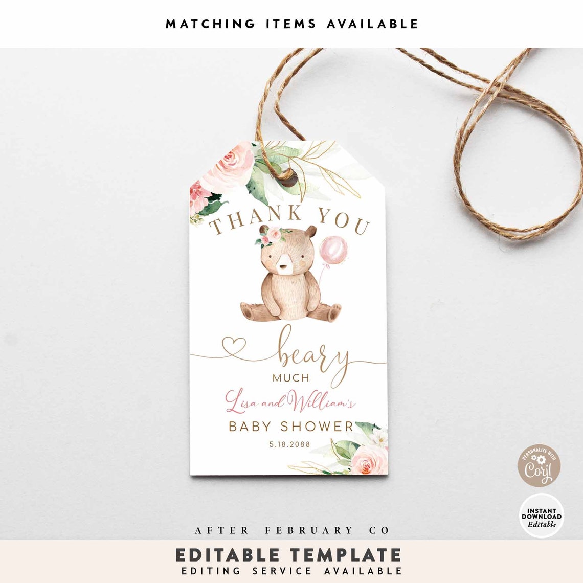 EDITABLE Pink Gold Thank You Beary Much Tag Girl Teddy Bear - Etsy