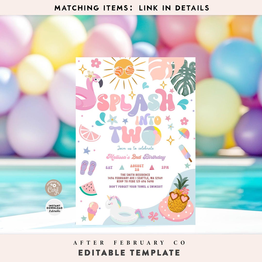 Splash Into Two 2nd Birthday Pool Party Invitation: Swimming Summer ...