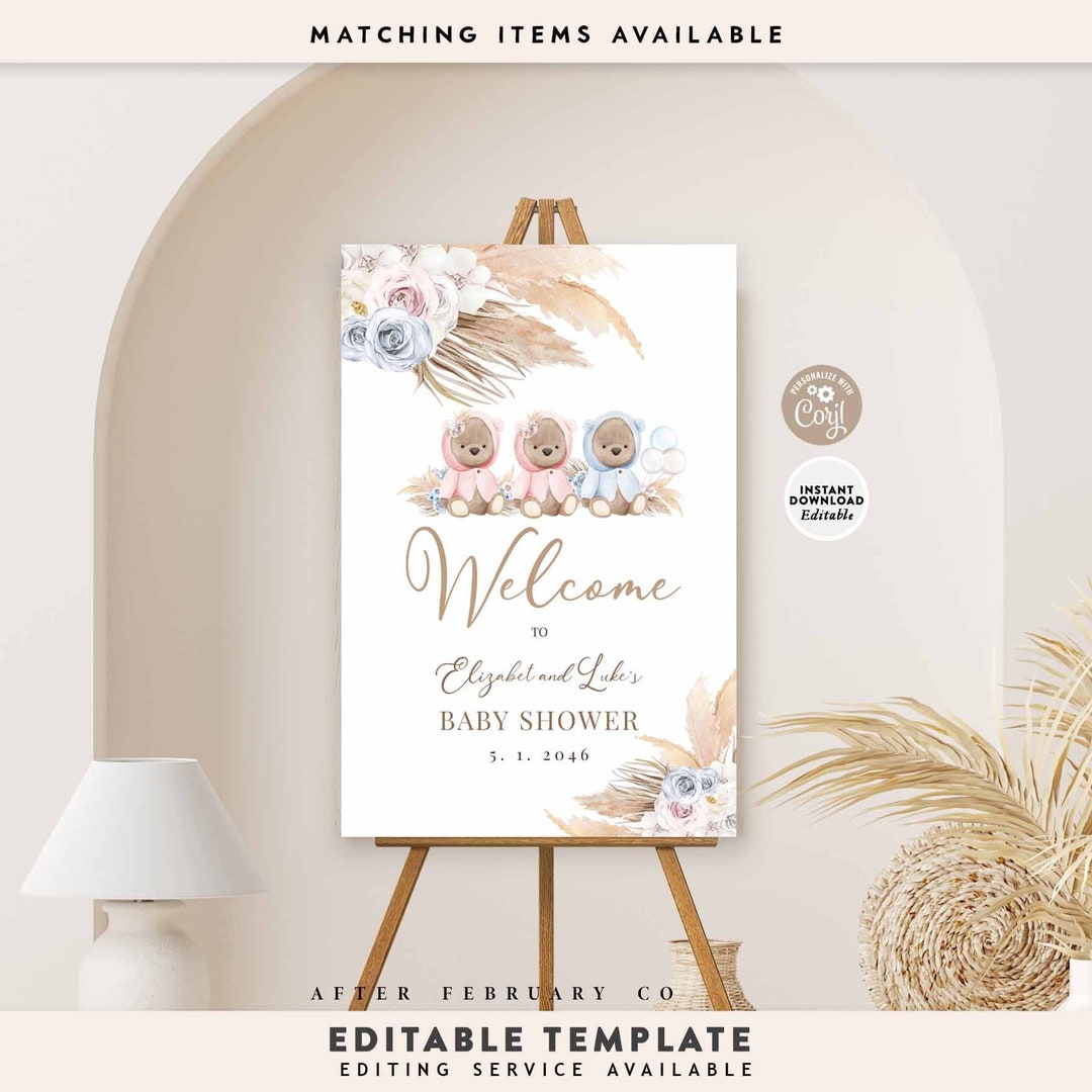 EDITABLE Boho Triplets Boy Girl Blue Pink Bear Baby Shower Baby Shower ...