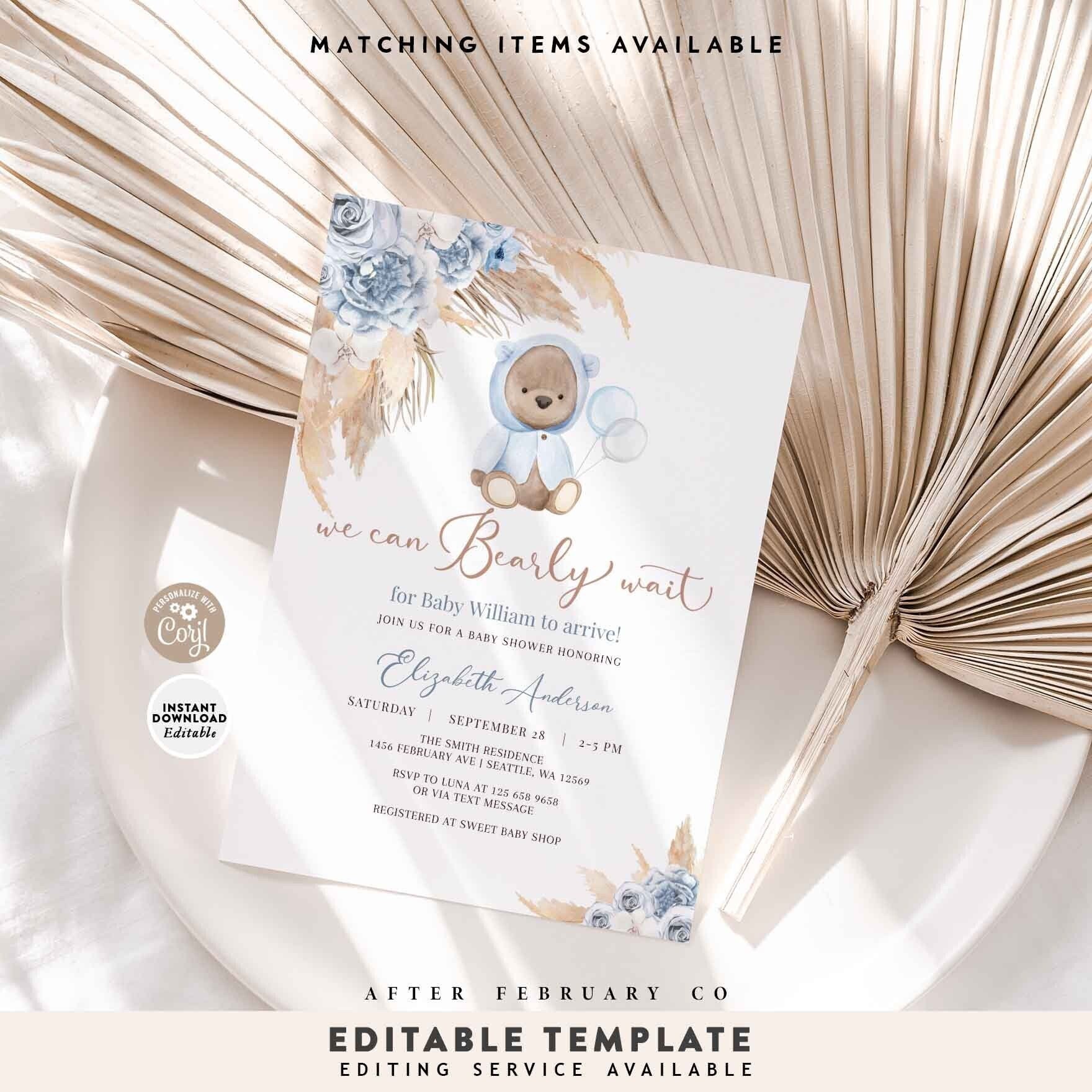 1 EDITABLE Blue Boho Bear Baby Shower Invitation Boy Teddy Bear We Can ...