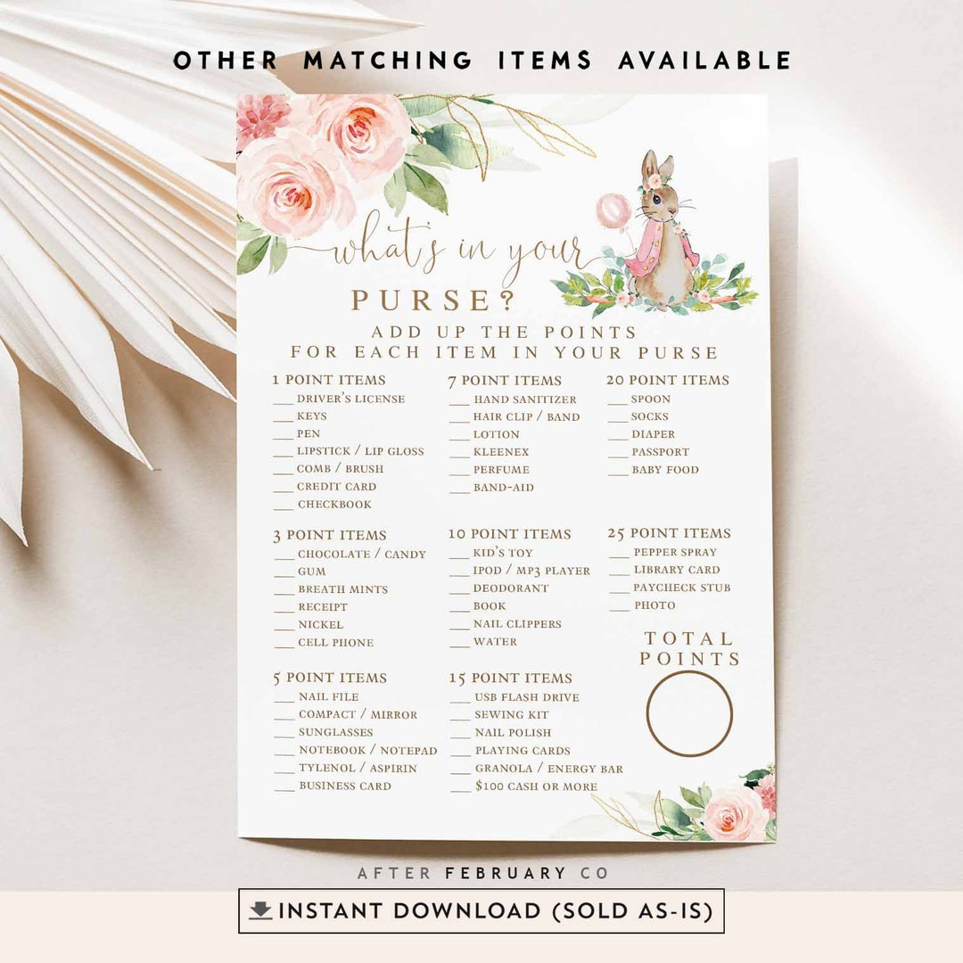 Greenery Pink Girl Flopsy Peter Rabbit Baby Shower What's in Your Purse ...