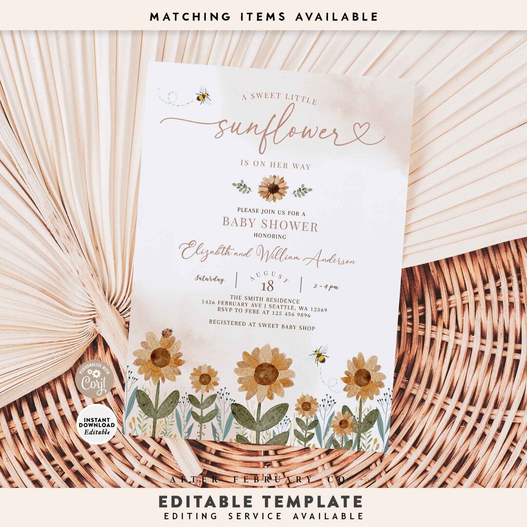 Editable Sunflower Baby Shower Invitation Sunflower Baby Sprinkle ...