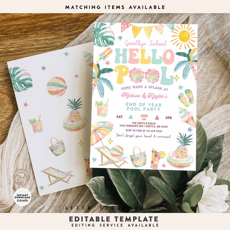 Editable End of School Pool Party Invitation: Hello Summer Party Invite ...