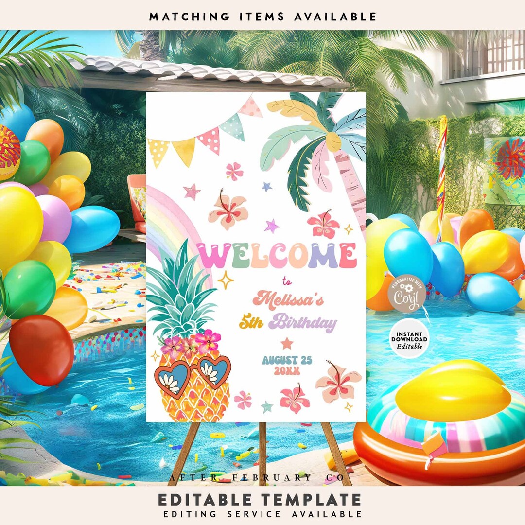 EDITABLE Girl Tropical Hawaiian Aloha Welcome Sign Birthday Welcome ...