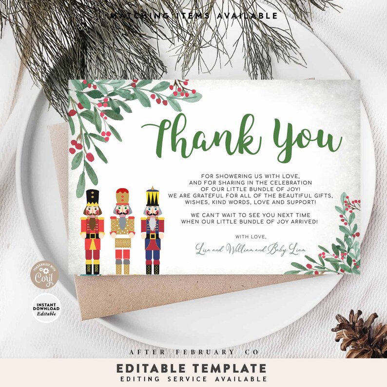 Winter Nutcracker Thank You Card: Editable Christmas Holiday Party Card ...