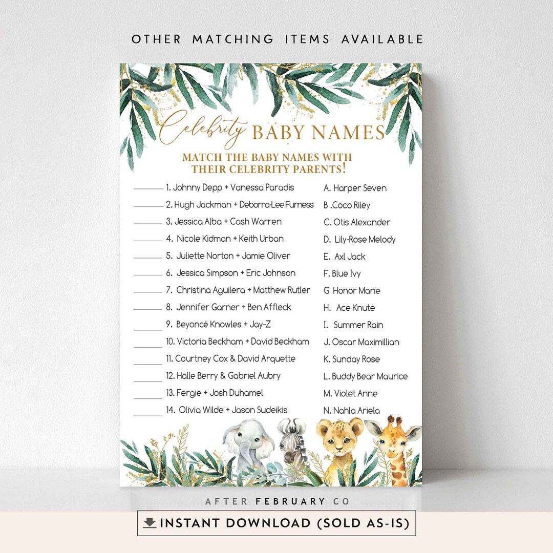 Safari Animals Celebrity Baby Name Game Greenery Gold Gender Neutral ...