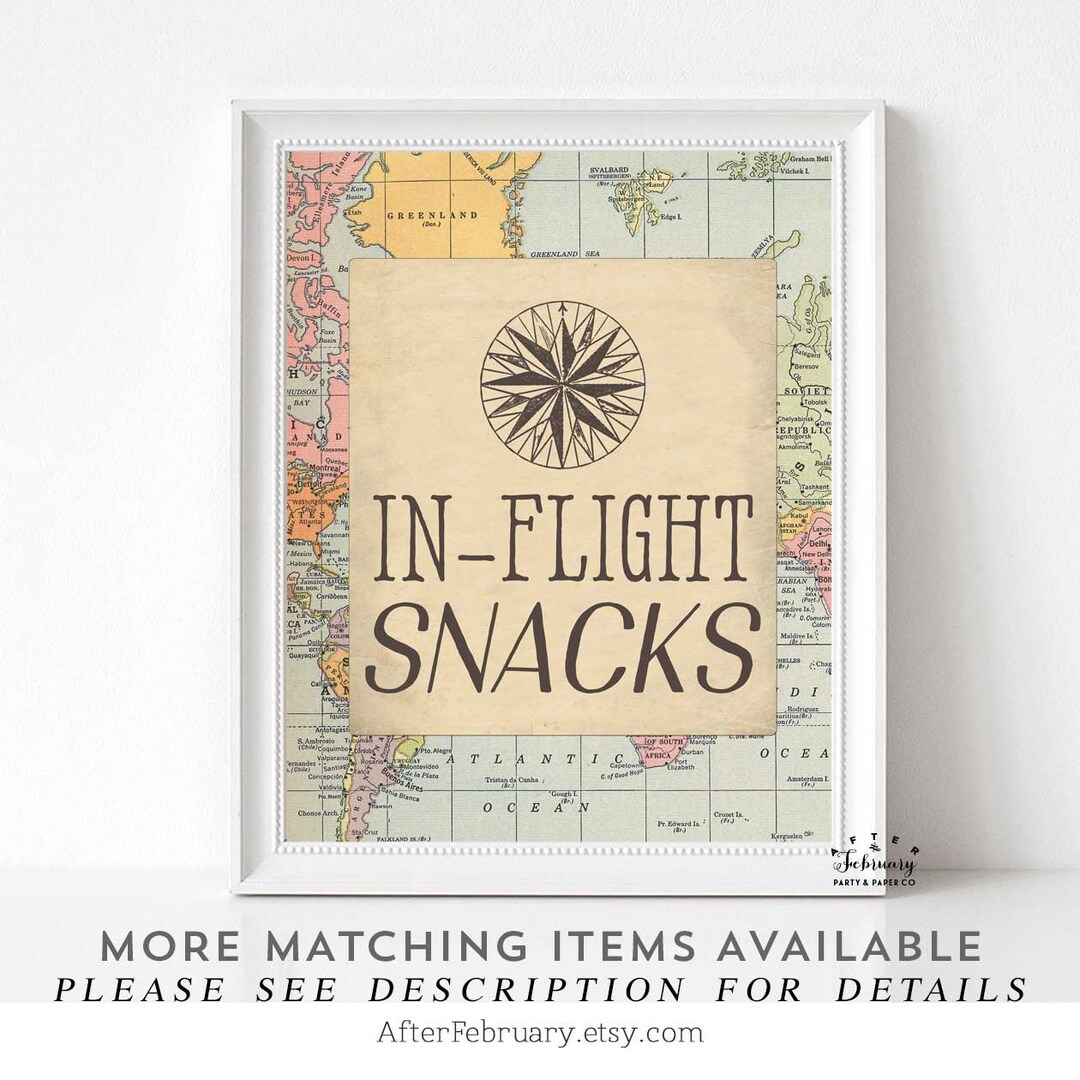 In-flight Snacks Sign Travel Compass Around the World Baby Shower ...
