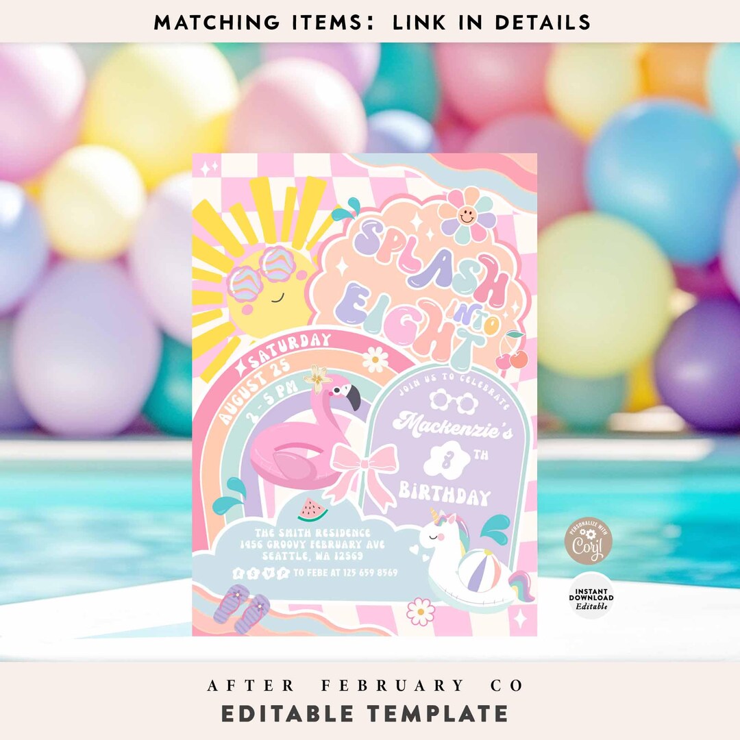 Editable Preppy Groovy Splash Into Eight 8th Birthday Pool Party ...