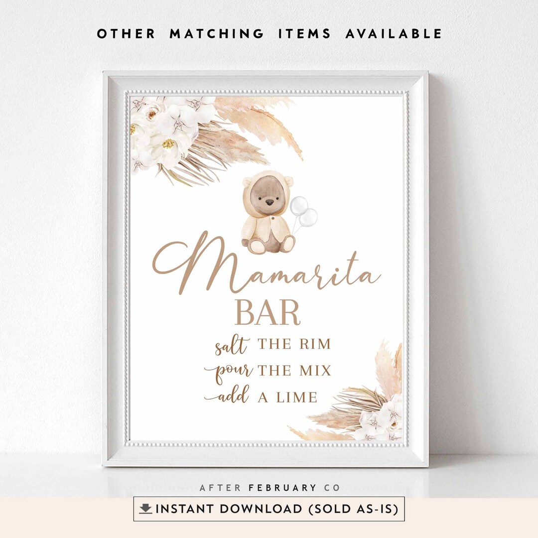 Pampas Grass Boho Teddy Bear Baby Shower Mamarita Mama-ritas Bar Sign ...