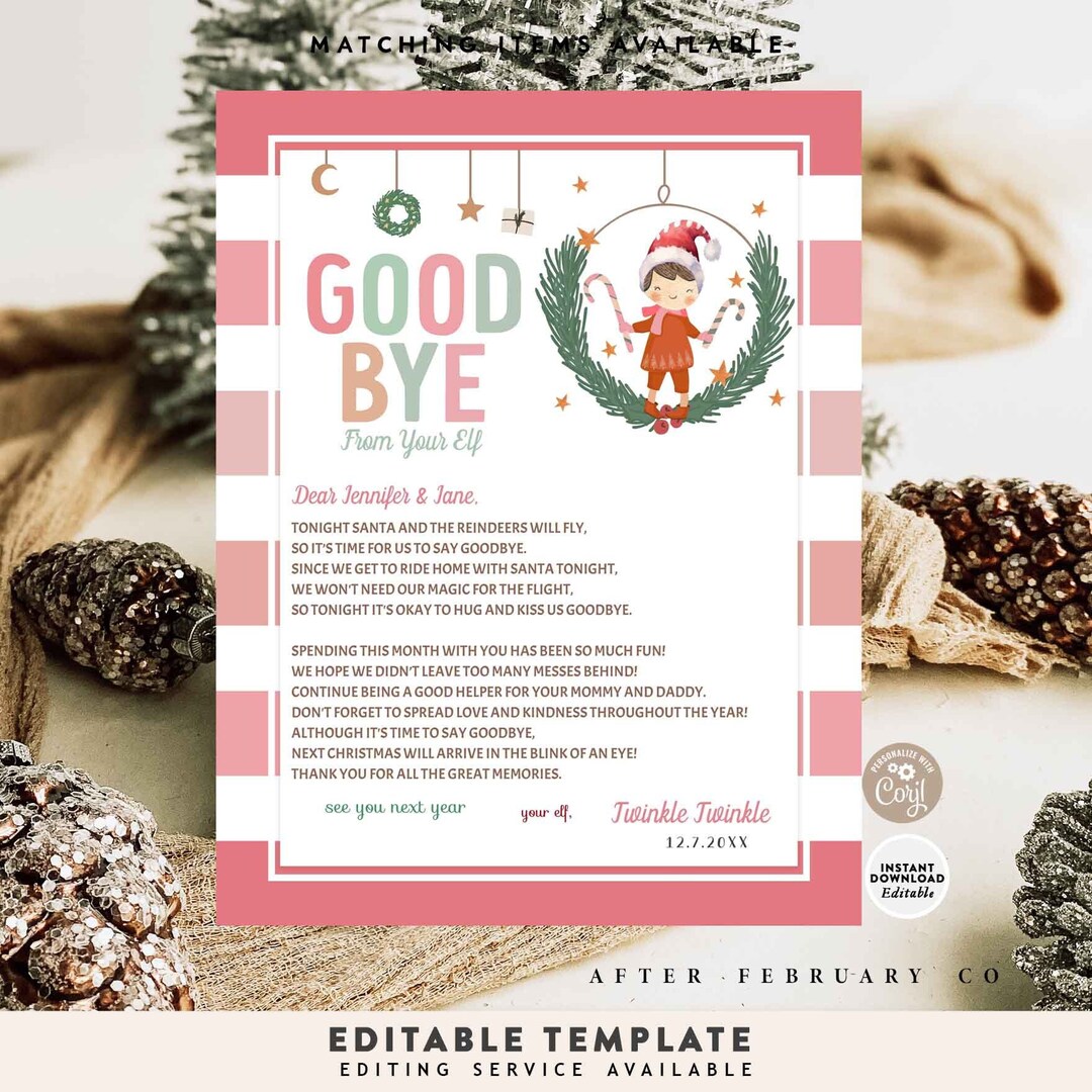 Editable Girl Elf Goodbye Letter: Pink Boho Printable Template 245 (3-3 ...