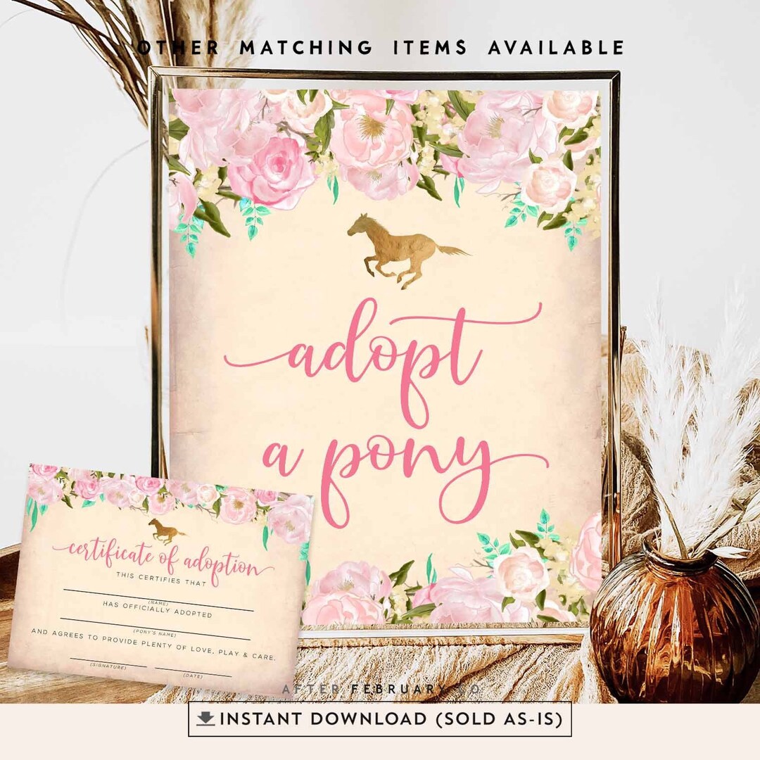 Adopt a Pony Sign and Certificate Girl Horse Birthday Party Pink and ...