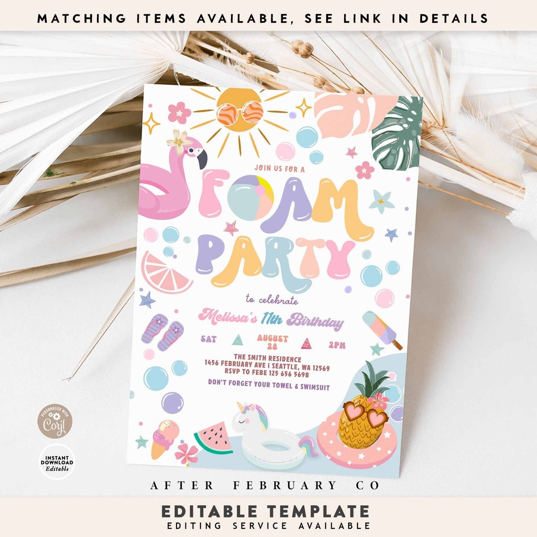 Editable ANY AGE Foam Party Birthday Foam Party Invitation Girly Summer ...