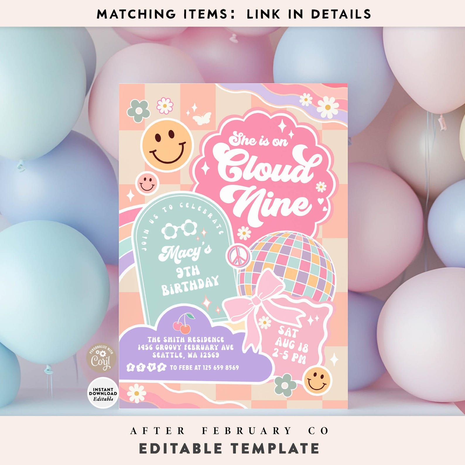 Preppy Cloud Nine 9th Birthday Invitation: Varsity Rainbow Smile Face ...