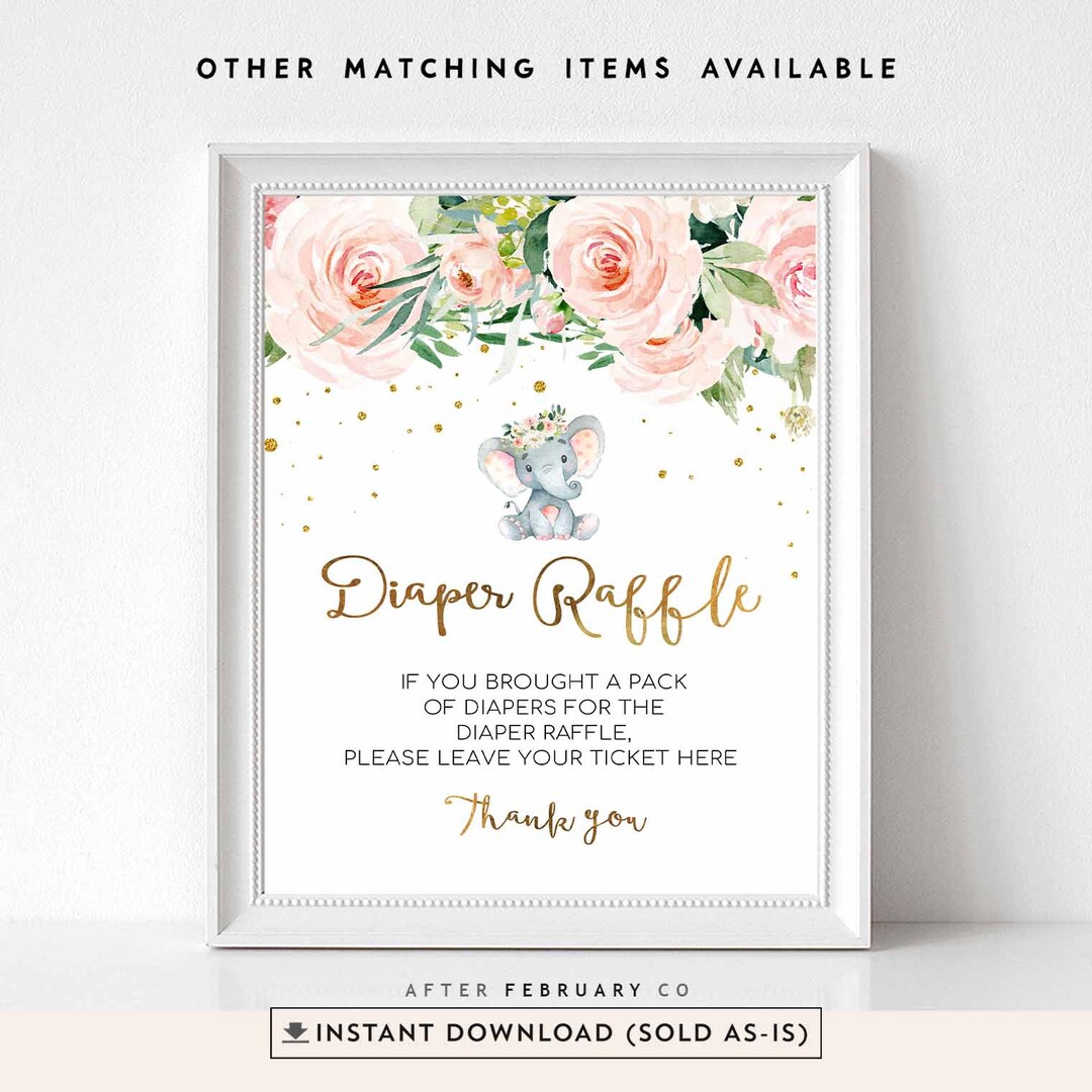 Pink Elephant Girl Diaper Raffle Sign Floral Little Peanut Gold ...