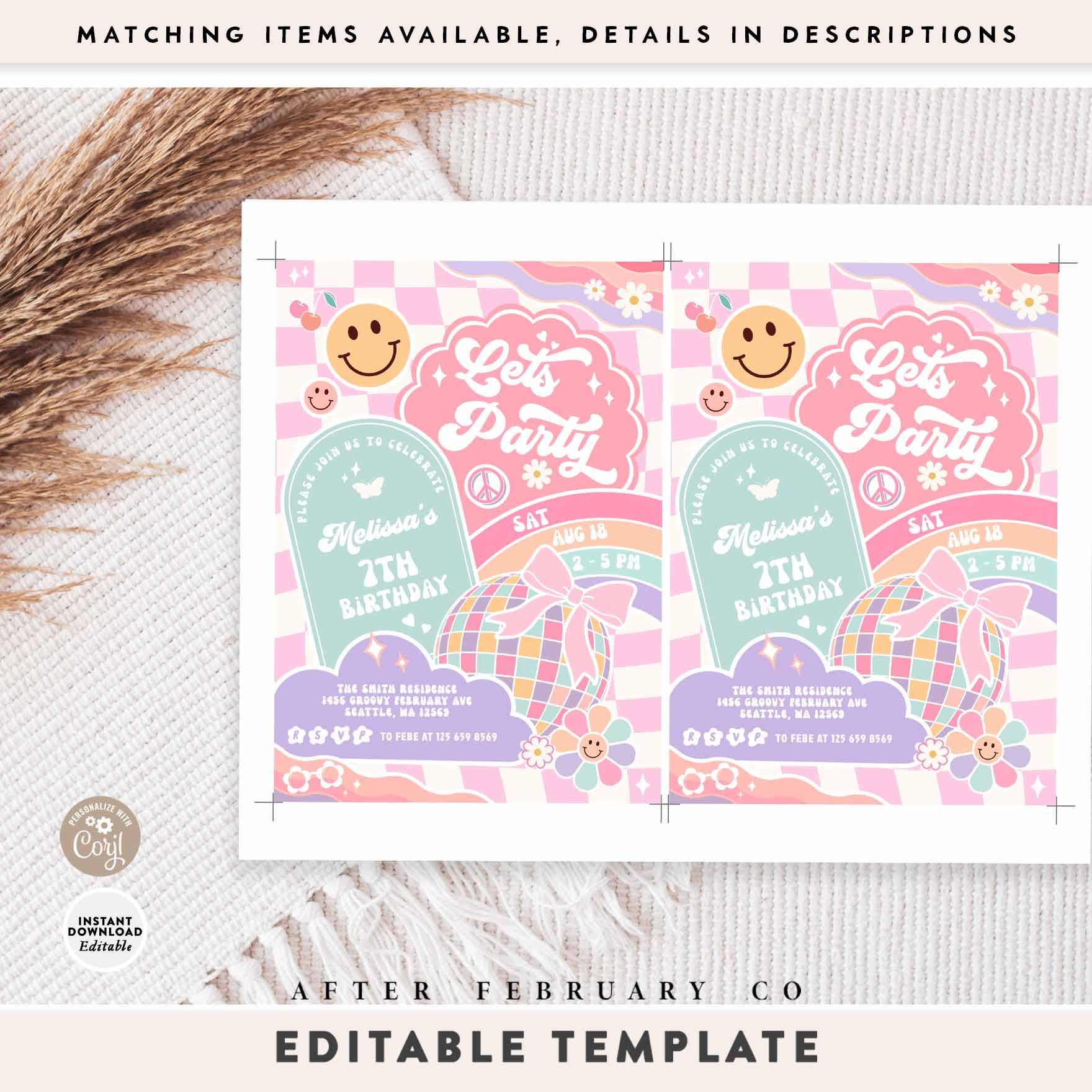 Preppy Groovy Birthday Party Invitation: Smile Face Disco Ball Invite ...