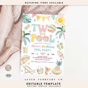 Editable TWO the POOL 2nd Birthday Pool Party Invitation Girly Pink ...