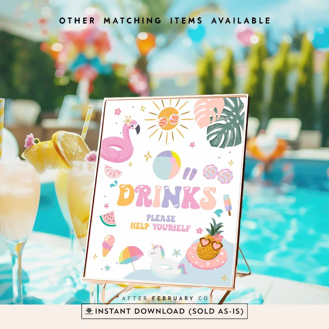 Pool Party Drinks Sign: Girl Pool Birthday Decor (digital Download ...