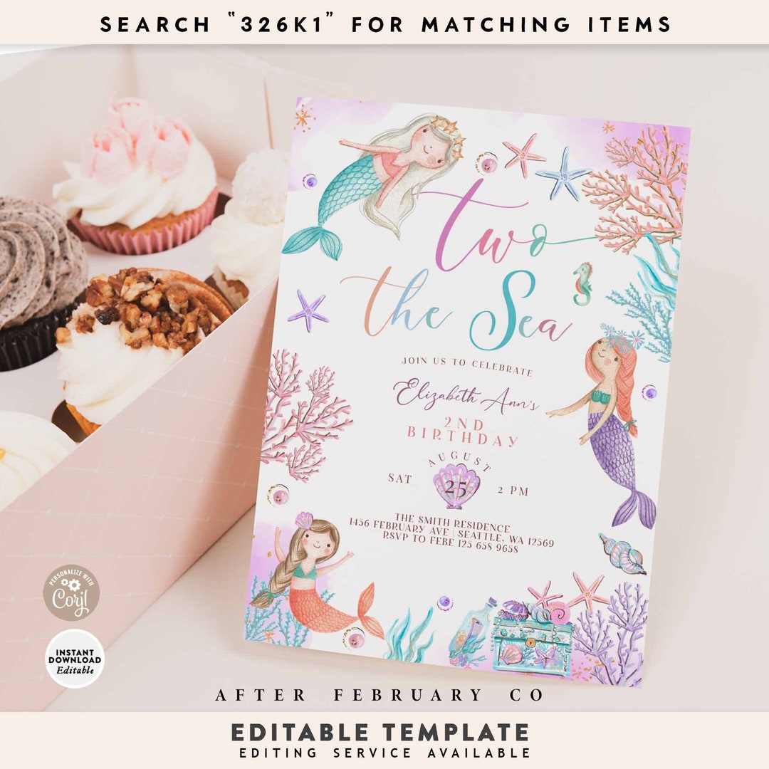 Editable Mermaid TWO the Sea 2nd Birthday Invitation Little Mermaid 2nd ...