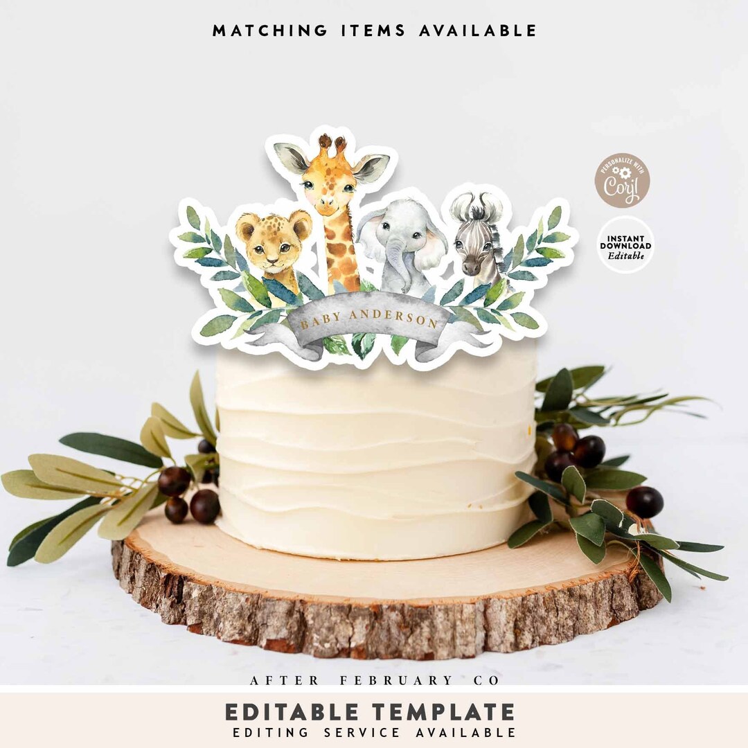 EDITABLE Safari Baby Shower Cake Topper Gender Neutral Gender Reveal ...
