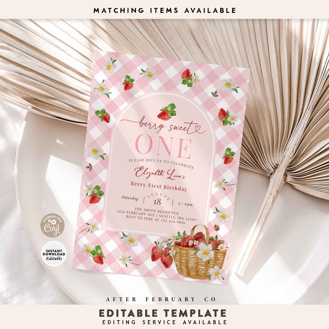 Editable Strawberry Berry Sweet One Birthday Invitation Pink Gingham ...