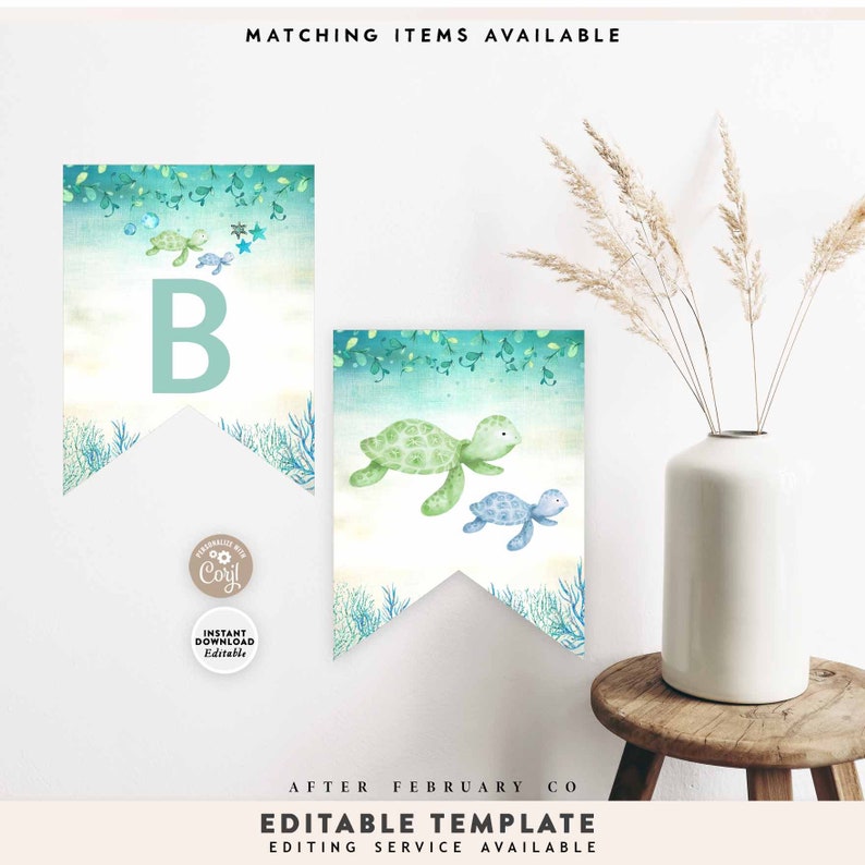 EDITABLE Sea Turtle Under the Sea Baby Shower Pennant Banner Sign ANY ...