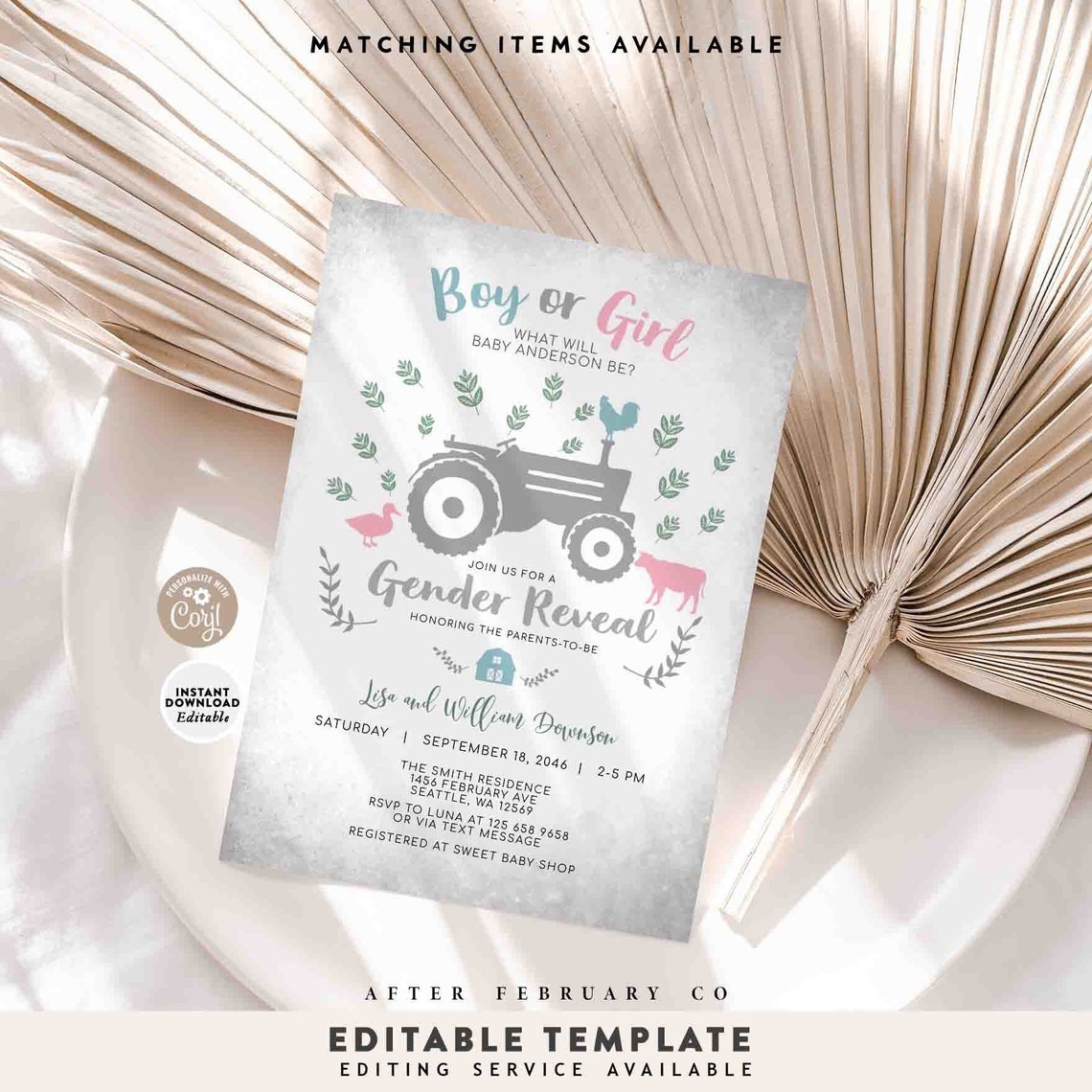 EDITABLE Blue Pink Farm Tractor Gender Reveal Party Invitation Gender ...