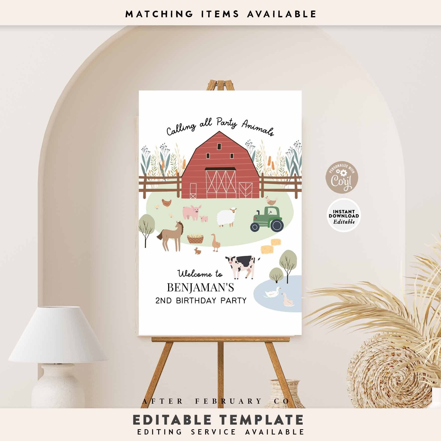 Editable Farm Party Animals Birthday Welcome Sign: Red Barn Birthday ...
