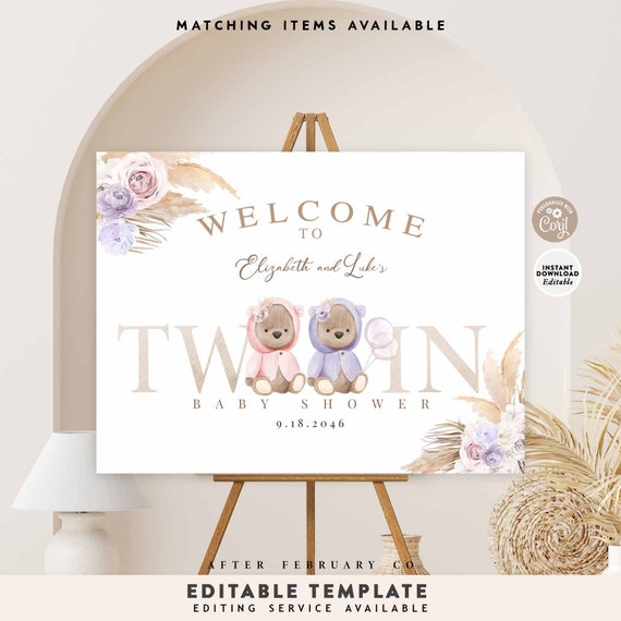 EDITABLE Boho TWIN Girl Pink Purple Teddy Bear Baby Shower | Etsy
