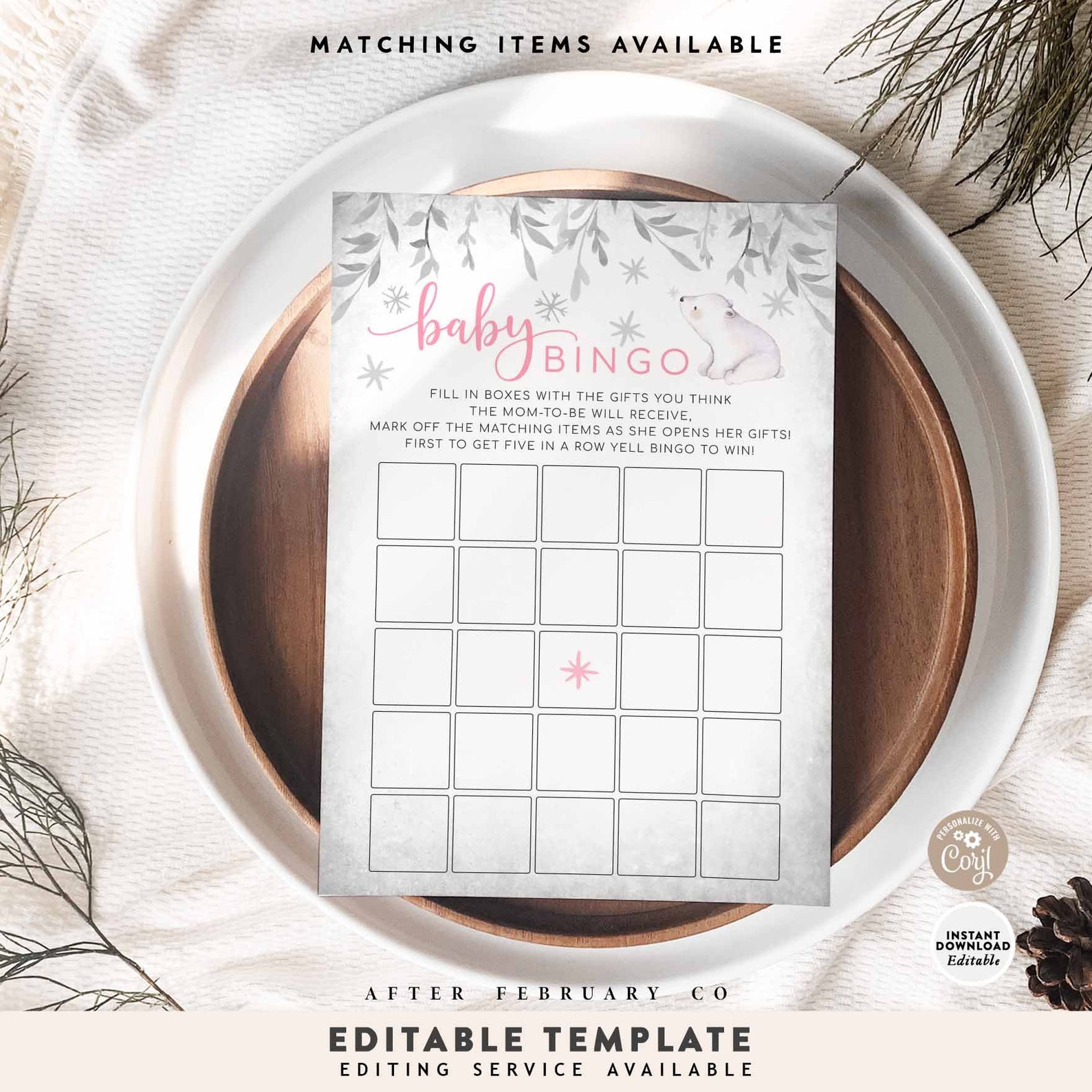 EDITABLE Pink Winter Polar Bear Baby Shower Game Baby Bingo - Etsy