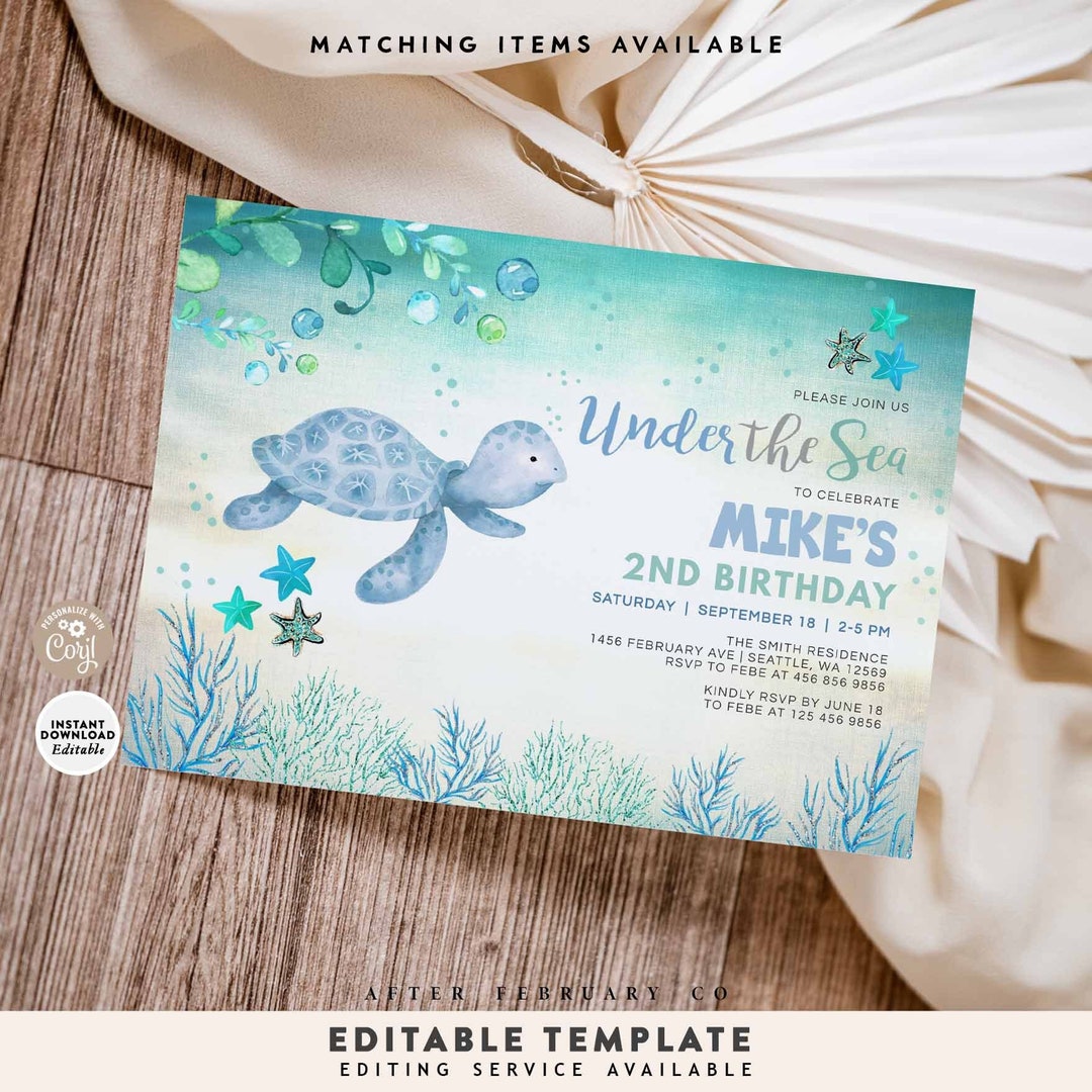 Editable ANY AGE Sea Turtle Birthday Invitation Boy Under the Sea ...