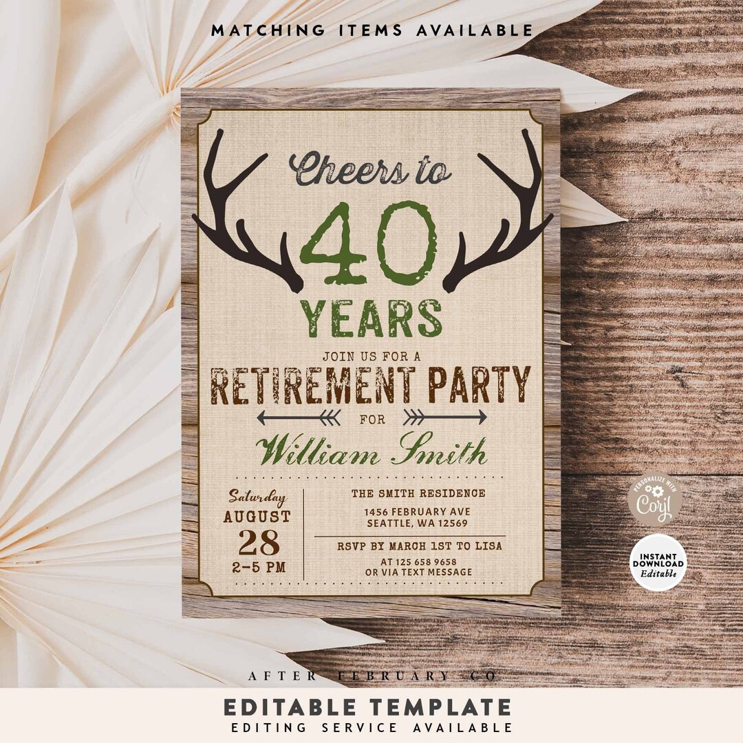 Editable Rustic Retirement Antlers Deer Hunter Retirement Party ...