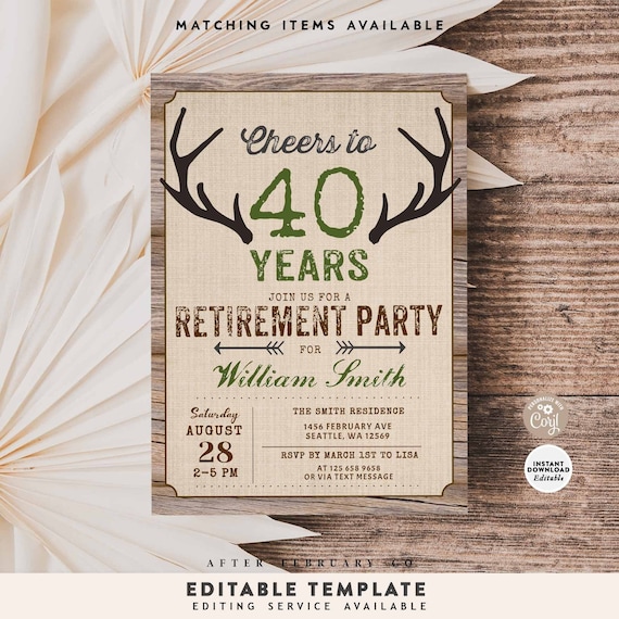 Editable Rustic Retirement Antlers Deer Hunter Retirement - Etsy
