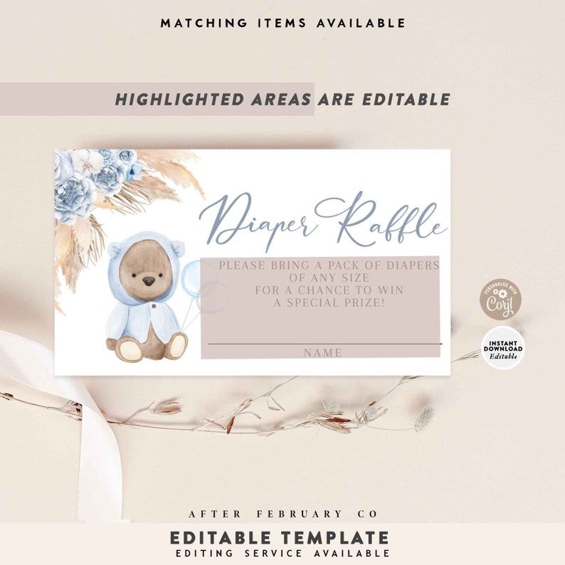 EDITABLE Boho Teddy Bear Diaper Raffle Ticket Printable Pampas Grass ...