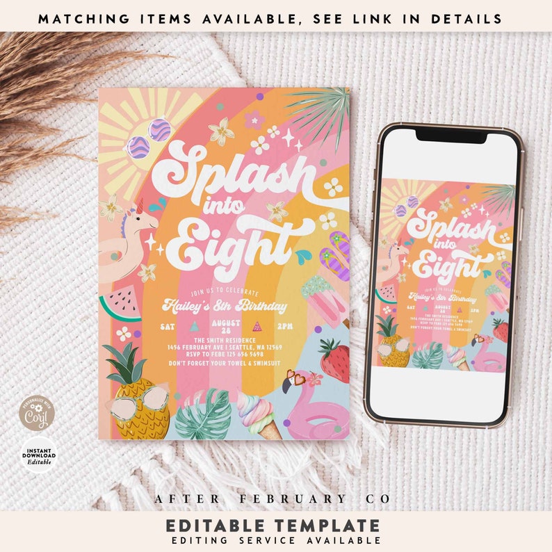 Splash Into Eight 8th Birthday Pool Party Invitation: Swimming Invite ...