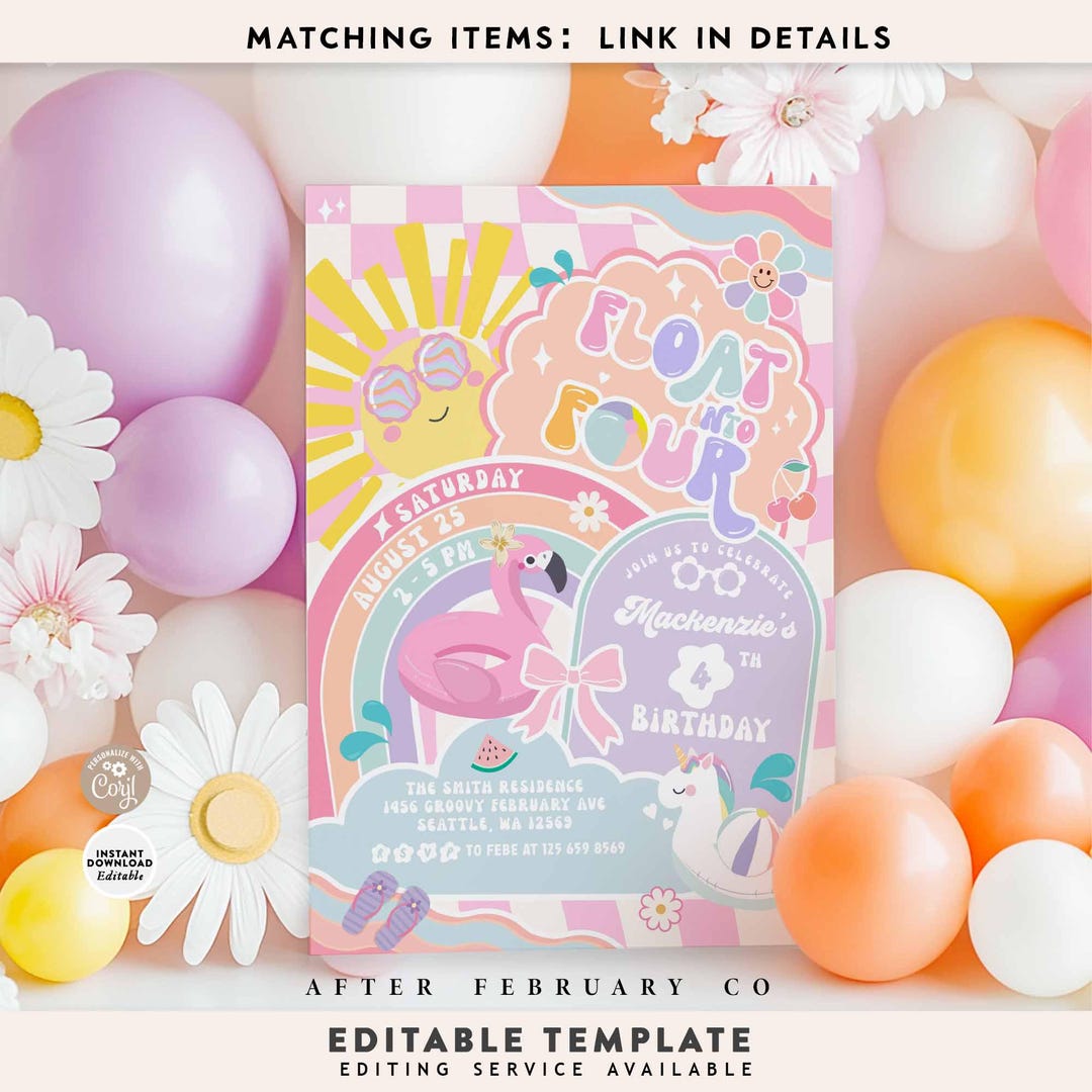 Editable Preppy Groovy Float Into Four 4th Birthday Pool Party ...