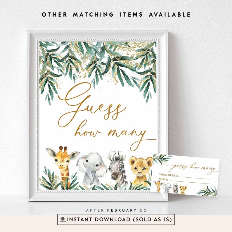 Safari Animals Baby Shower Games Guess How Many Greenery Gold - Etsy