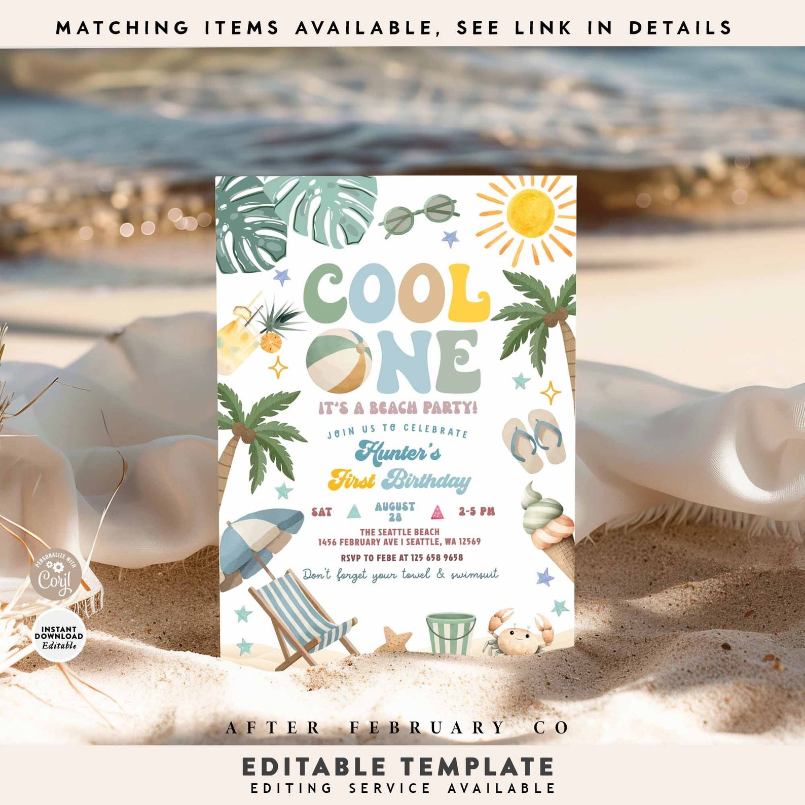 Editable BOY Cool One Beach 1st Birthday Beach Party Invitation Sage ...