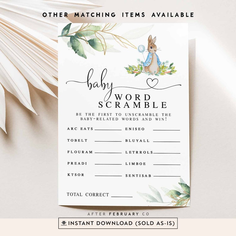 Blue Greenery Gold Peter Rabbit Baby Shower Baby Word Scramble Game ...