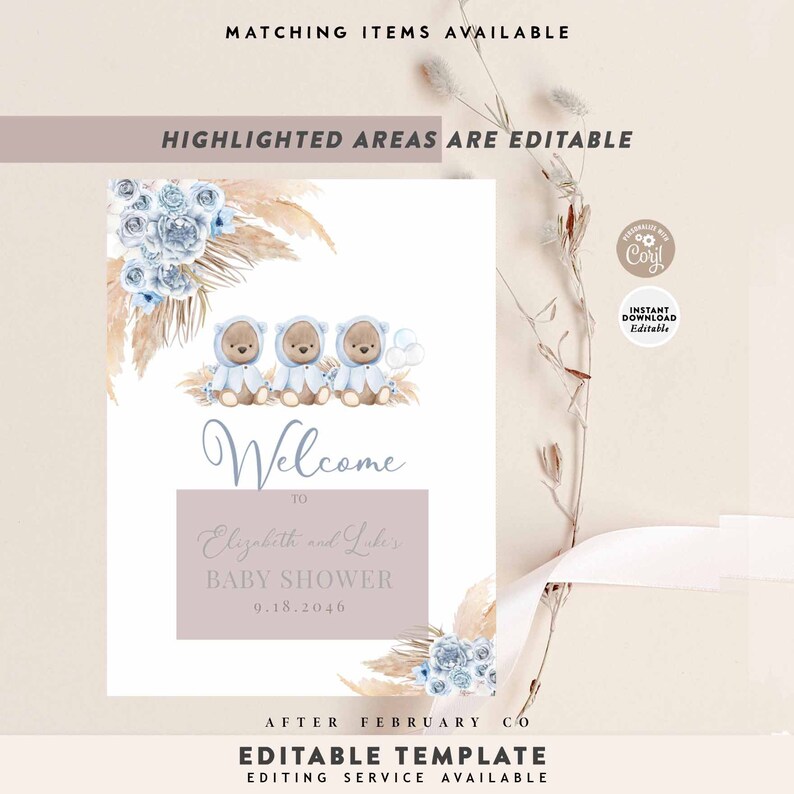 EDITABLE Boho Triplets Bear Baby Shower Welcome Triplet Boy - Etsy