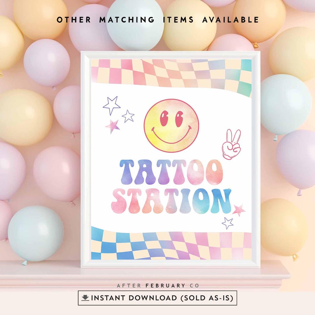 Rainbow Smile Face Tattoo Station Sign: Girl Birthday Decor (digital ...