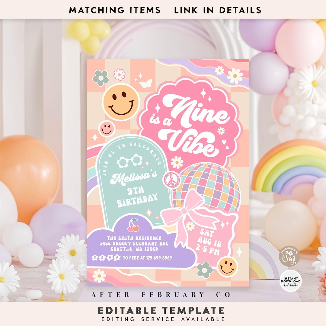 Groovy NINE is a Vibe 9th Birthday Party Invitation Varsity Coquette ...