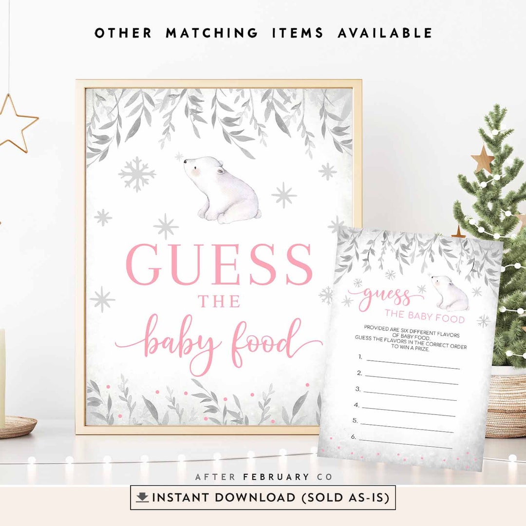 Winter Polar Bear Girl Pink Baby Shower Games Guess the Baby Food Game ...