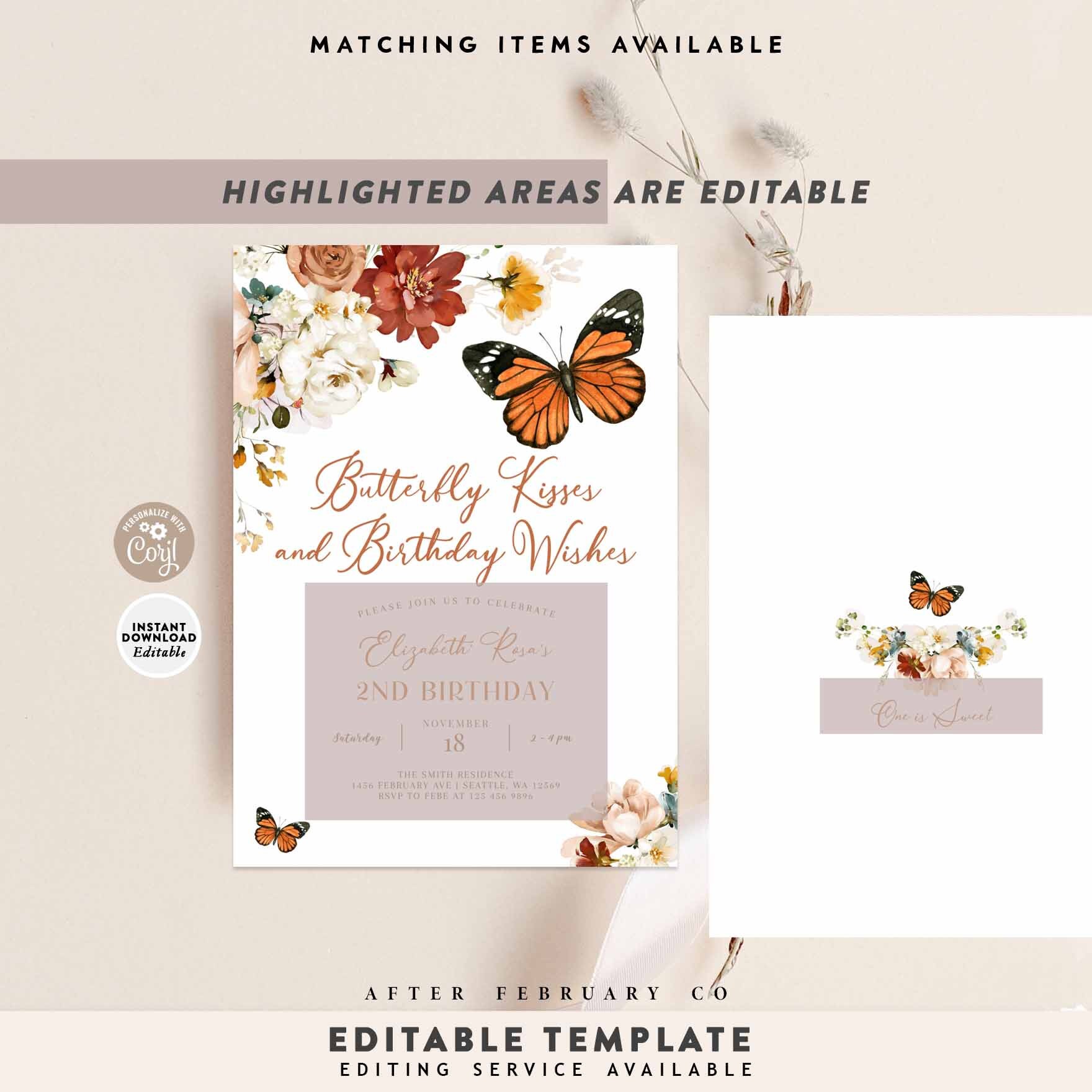 EDITABLE ANY AGE Monarch Butterfly Birthday Invitation Garden ...