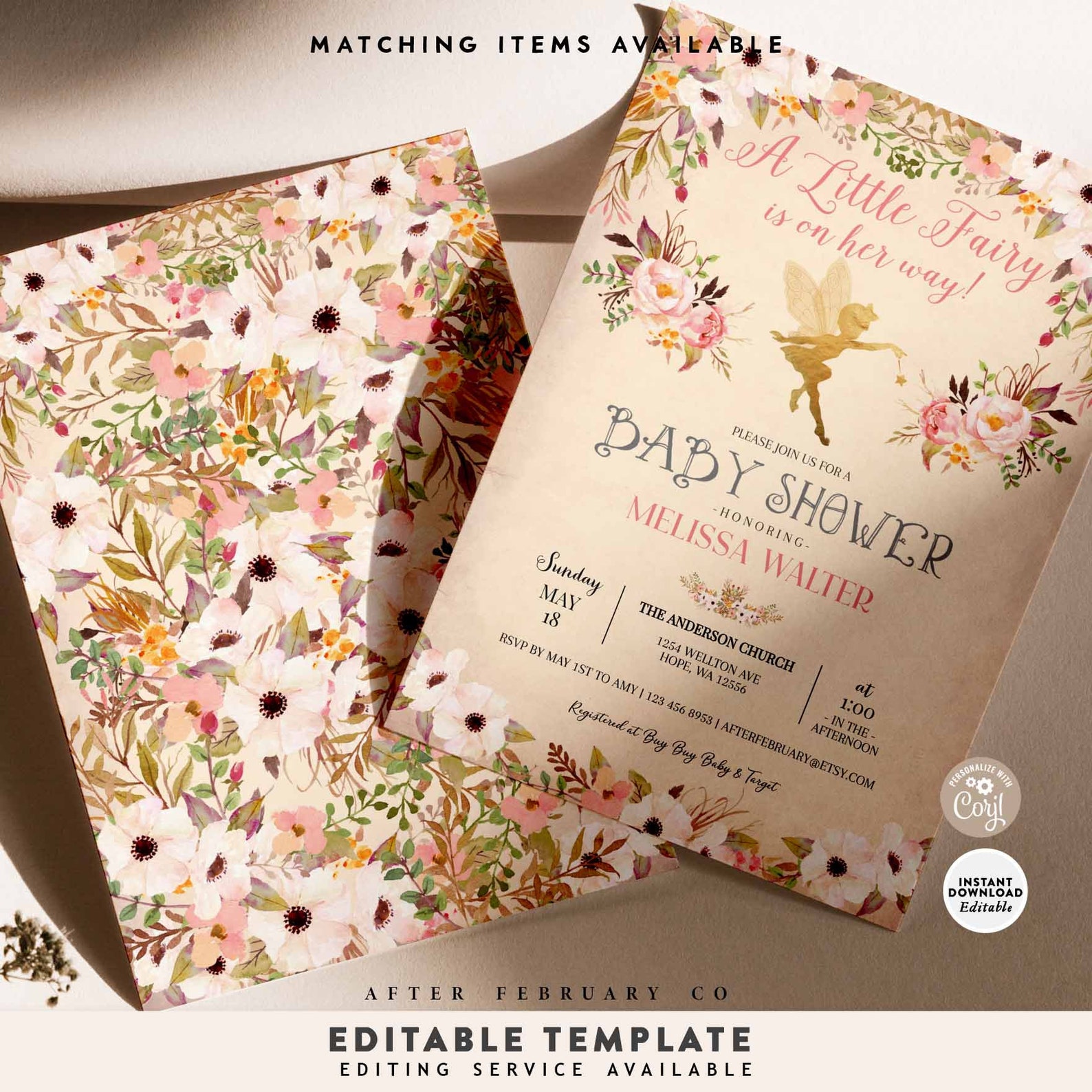 EDITABLE Fairy Baby Shower Invitation Girl Floral Enchanted - Etsy